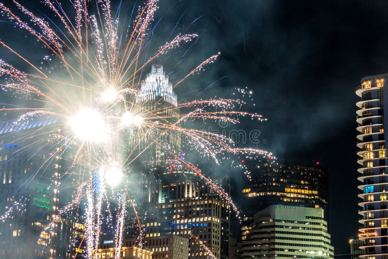 Fireworks Show Over Charlotte Skyline Post Baseball Game Stock Photo ...