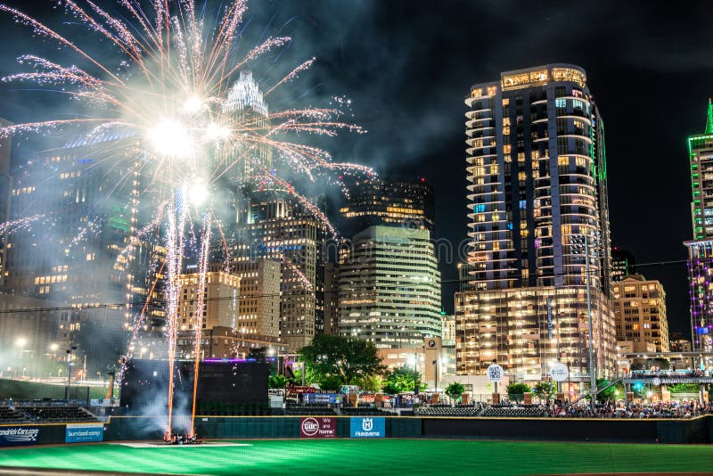 Fireworks Show Over Charlotte Skyline Post Baseball Game Editorial ...