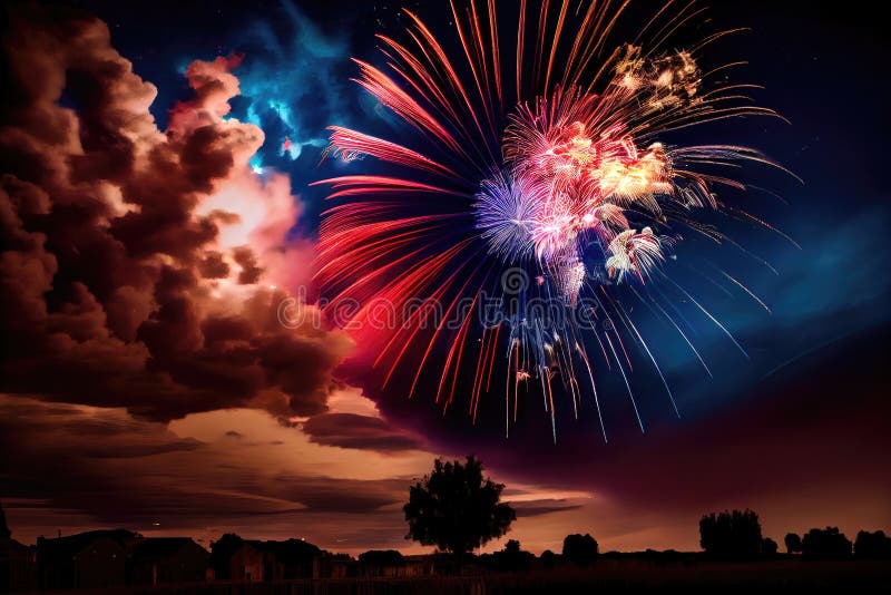 Fireworks in the Sky at Night with Clouds and Trees. Generative AI ...