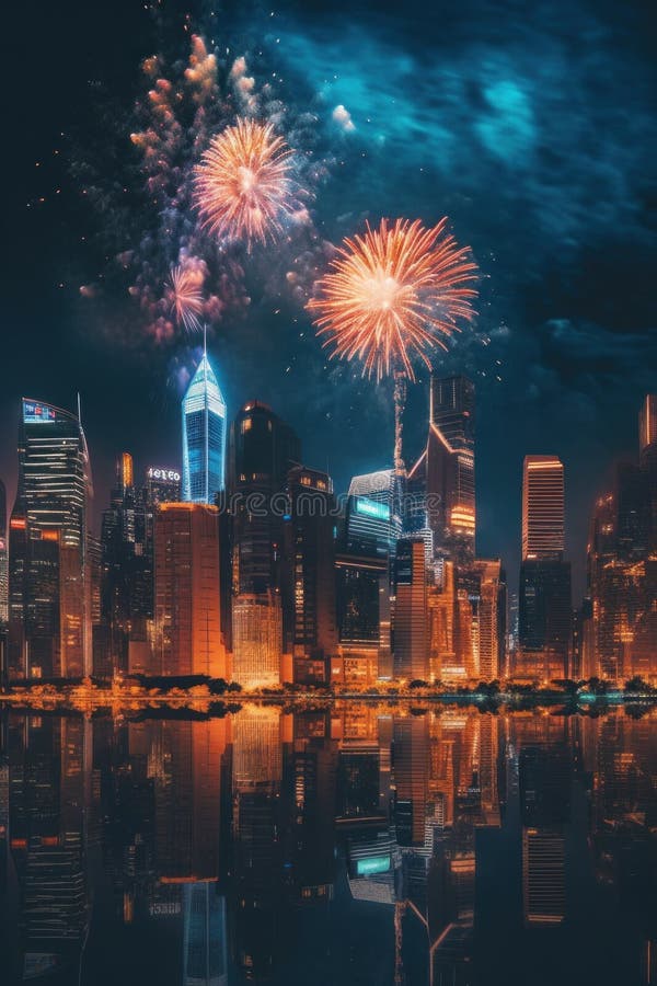 Fireworks in the Sky Over a City Skyline. Generative AI Image. Stock ...