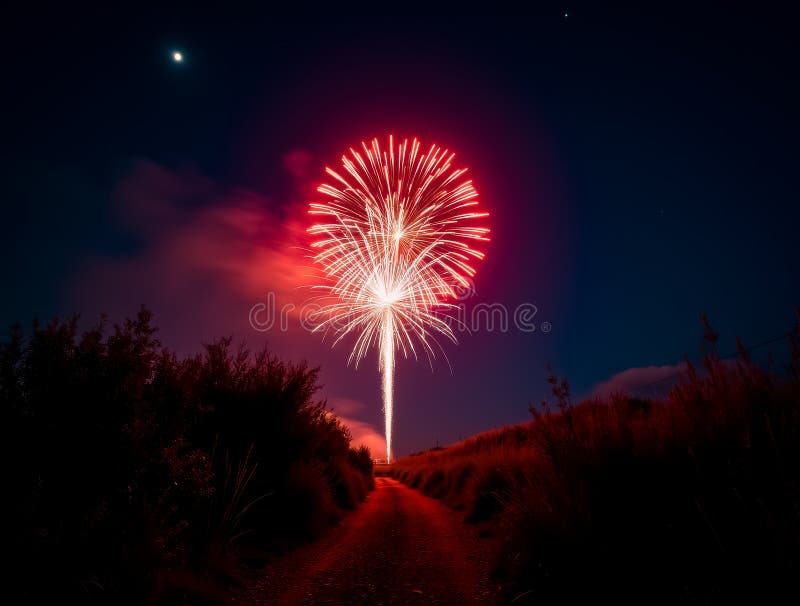 Fireworks in the Sky Over a Dirt Road Stock Photo - Image of long ...