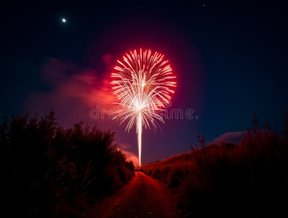 Fireworks in the Sky Over a Dirt Road Stock Photo - Image of long ...