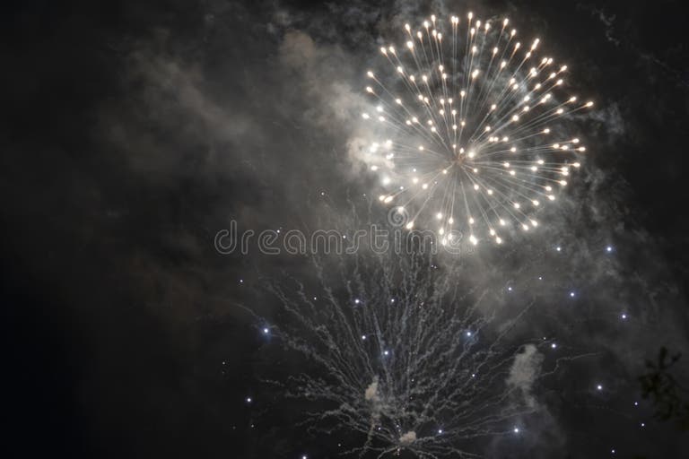 Fireworks in the Smoky Night Sky. Stock Image - Image of black, glow ...