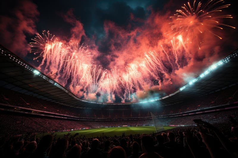 Fireworks in Stadium at Night Stock Image - Image of floodlit, person ...