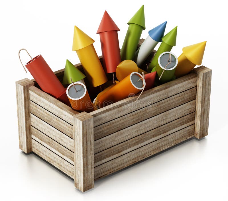 Fireworks Standing Inside Wooden Crate. 3D Illustration Stock ...