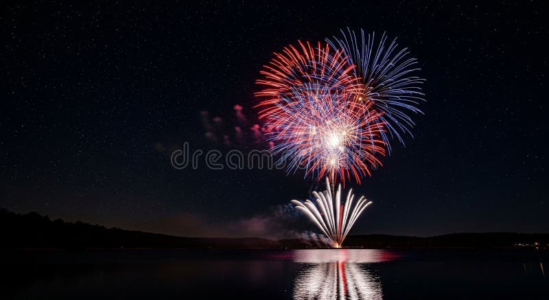 Fireworks in Star Shapes Over Lake at Night Stock Illustration ...