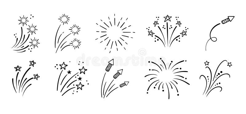 Fireworks and Stars Doodle Hand Drawn Set. Doodle Firework Sketch Stock ...