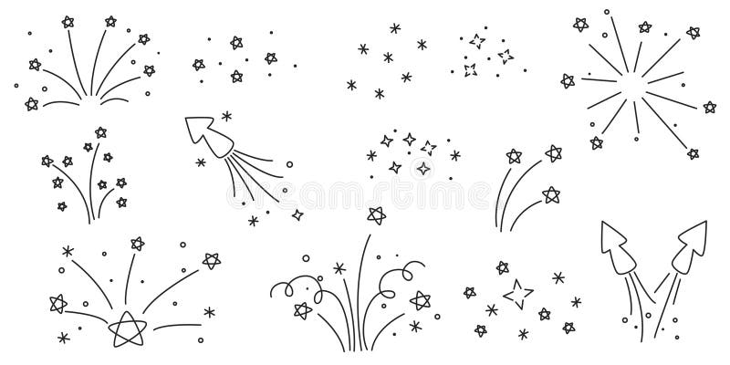 Fireworks, Stars, Explosion with Confetti Ink Doodle Set Stock Vector ...