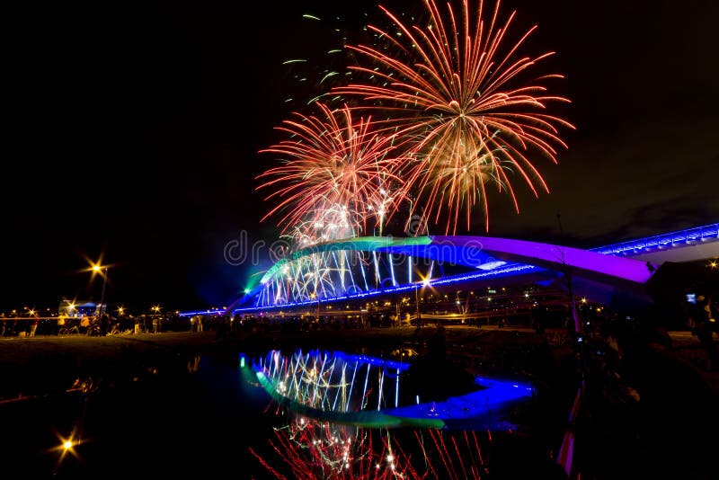 Fireworks at Sun Bridge stock photo. Image of outdoor - 65484780