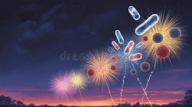 Fireworks Transforming into Cells and Bacteria in Night Sky Stock Photo ...