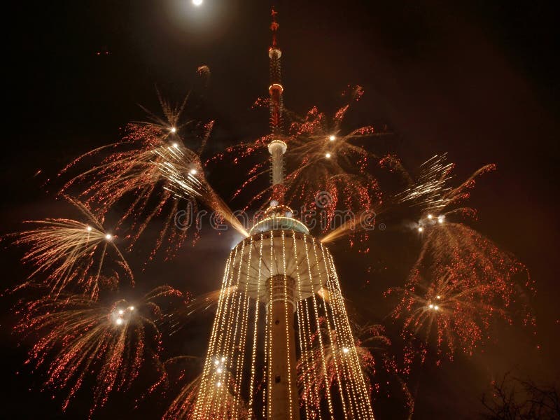 Fireworks on TV tower stock image. Image of beginning - 12452733