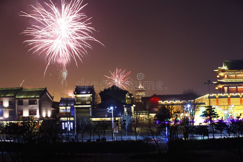 Fireworks Up Ancient Buildings at Night, in China Stock Image - Image ...