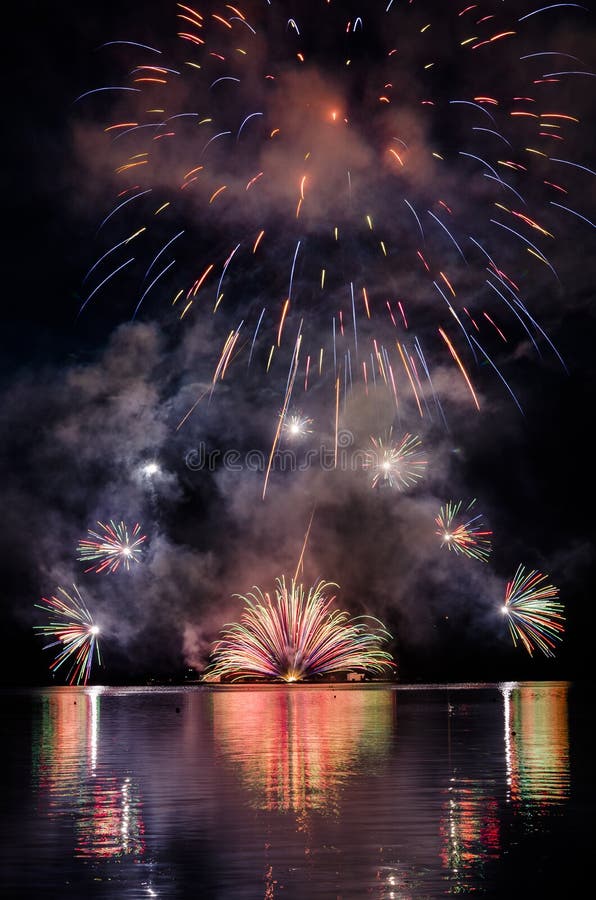 Fireworks on the water stock photo. Image of bright, anniversary - 55656514