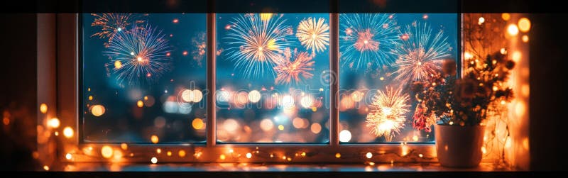 A Cozy Indoor View of Vibrant Fireworks through a Window, Symbolizing ...