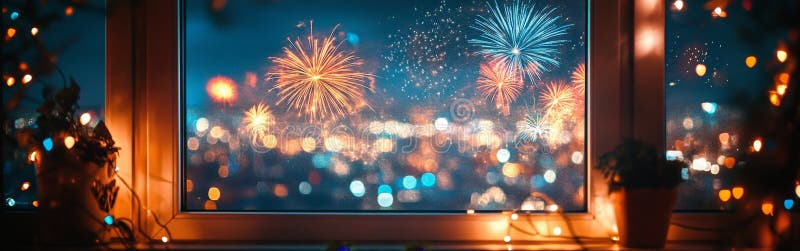 A Cozy Indoor View of Vibrant Fireworks through a Window, Symbolizing ...