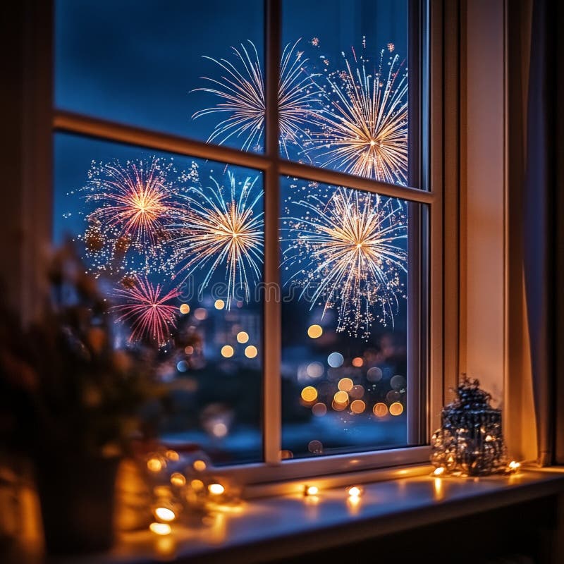 A Cozy Indoor View of Vibrant Fireworks through a Window, Symbolizing ...