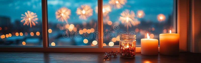 A Cozy Indoor View of Vibrant Fireworks through a Window, Symbolizing ...