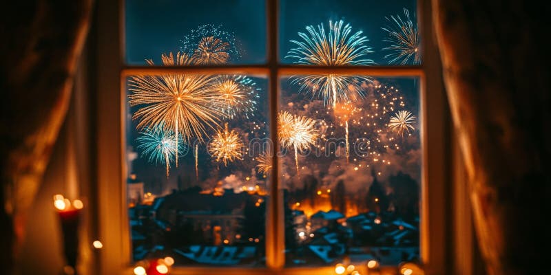 A Cozy Indoor View of Vibrant Fireworks through a Window, Symbolizing ...