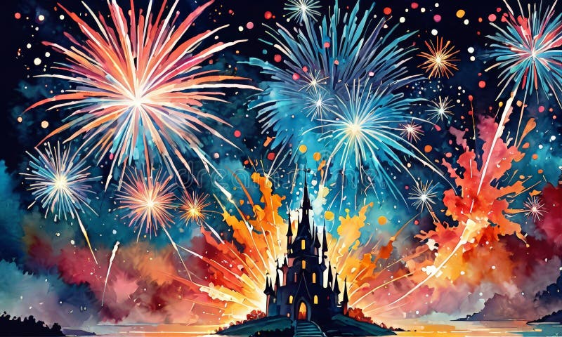 Fireworkss and Castle in the Sky Stock Illustration - Illustration of ...