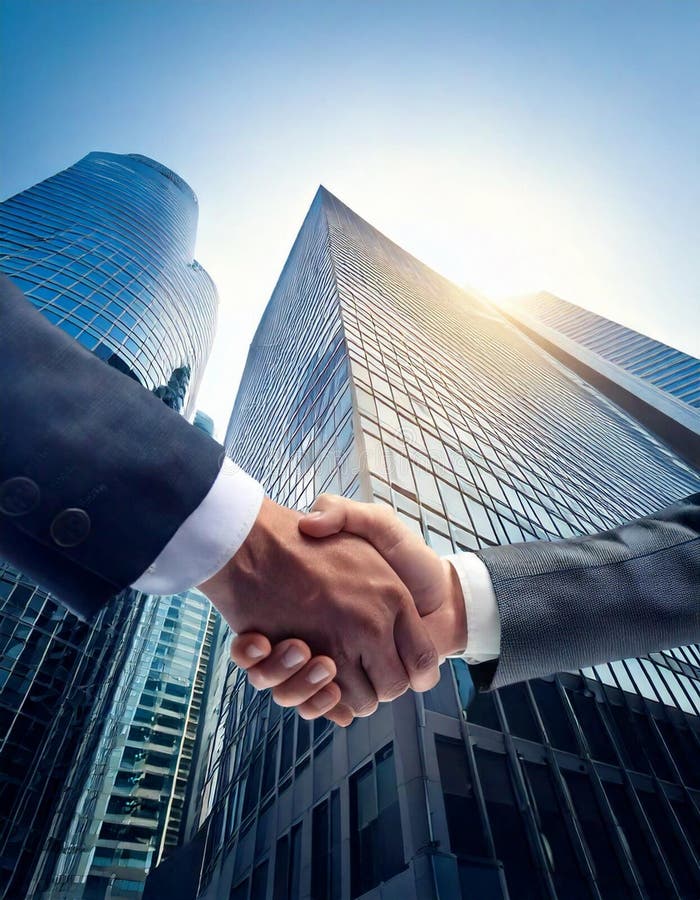A Firm Hand Shake on a Out of Focus Business Towers Background Stock ...