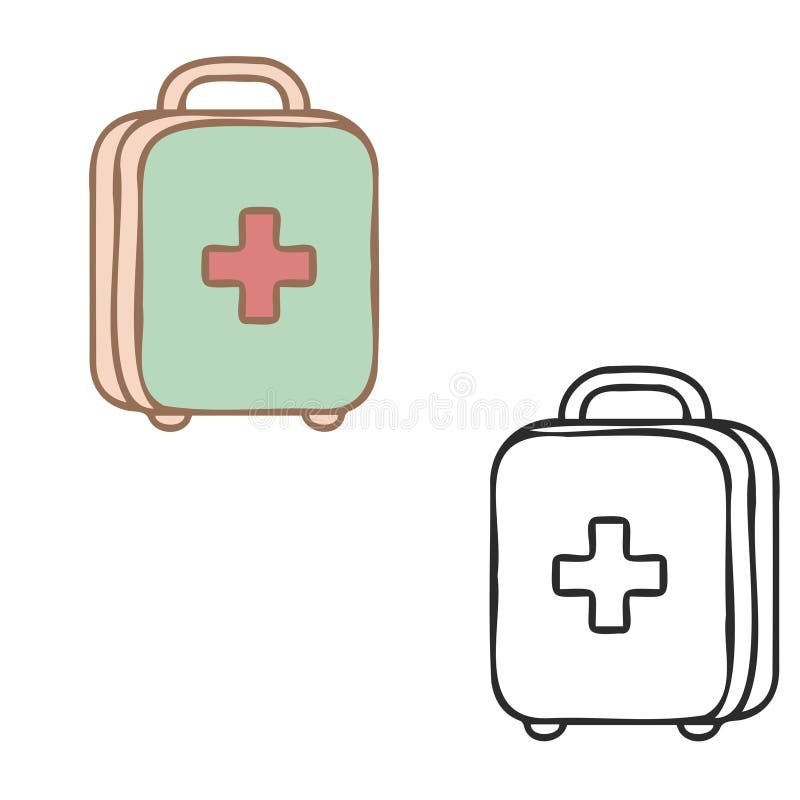 First Aid Bag and Case with Cross Color and Outline Vector Illustration ...