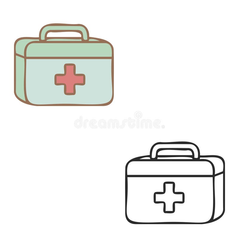 First Aid Bag and Case with Cross Color and Outline Vector Illustration ...