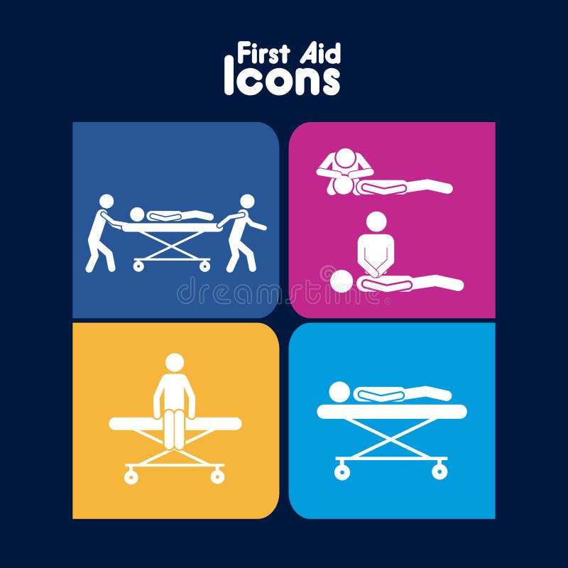 Set of First AID Icons Over One Empty Package on Blue Background Stock ...