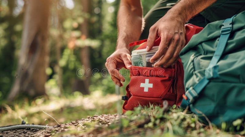 First Aid Kit on the Background of the Forest. Selective Focus Stock ...