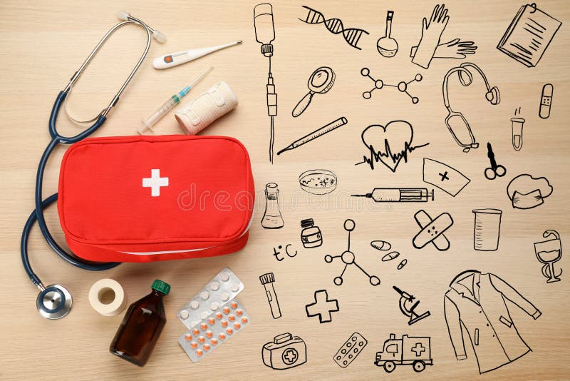 First Aid Kit and Different Images on Light Table, Flat Lay Stock Image ...