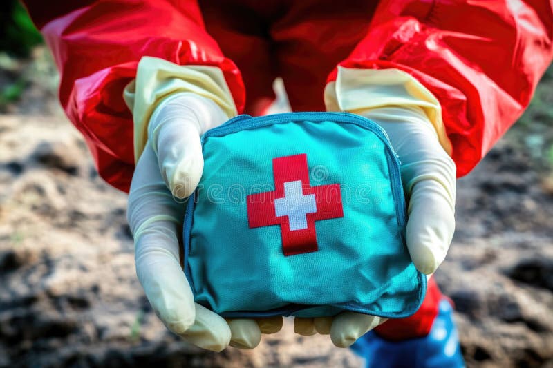 First Aid Kit Held by Person in Red Protective Suit with Gloves ...