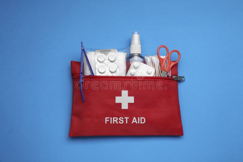 First Aid Kit on Light Blue Background, Top View and Space for Text ...