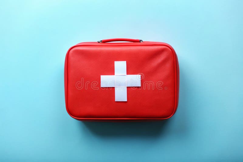 First Aid Kit on Light Blue Background, Top View Stock Illustration ...