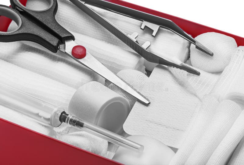 First Aid Kit with Medicines and Medical Bandages Stock Photo - Image ...