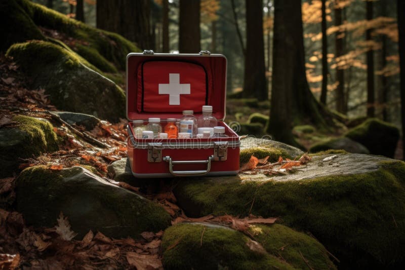 A First Aid Kit Opened on a Rock, in an Autumn Forest Environment Stock ...