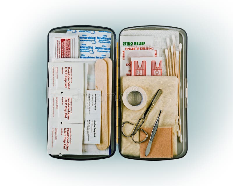 First Aid Kit Packed with Medical Supplies on Grey Background Stock ...