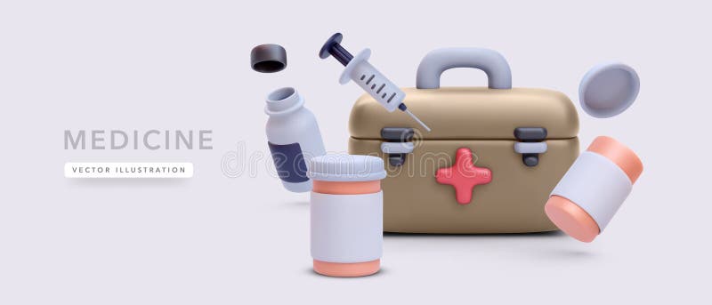 First Aid Kit with Pill Boxes and Syringe in 3d Realistic Style ...