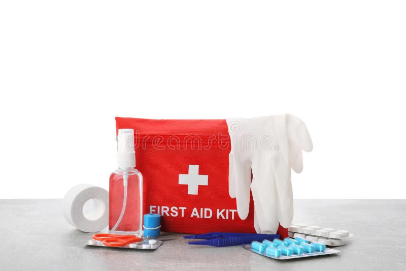 First Aid Kit, Scissors, Gloves, Pills, Plastic Forceps and Elastic ...