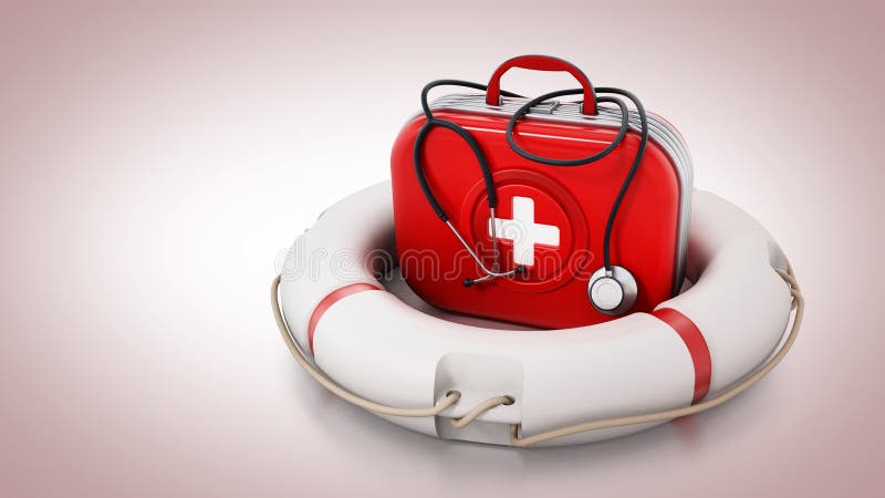 First Aid Kit Standing on Life Saver. 3D Illustration Stock ...