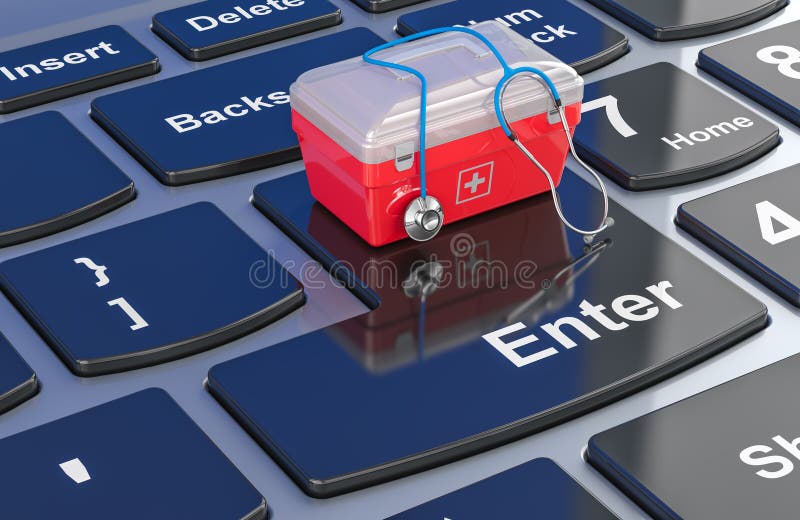 First Aid Kit with Stethoscope on Laptop Keyboard, 3D Rendering Stock ...