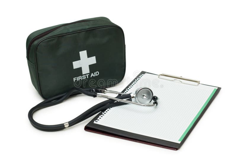 First Aid Kit, Stethoscope and Pad Stock Photo - Image of report ...