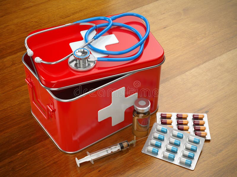 First Aid Kit with Stethoscope, Pills and Syringe on the Table. Stock ...