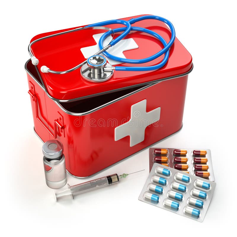 First Aid Kit with Stethoscope, Pills and Syringe on the Table. Stock ...