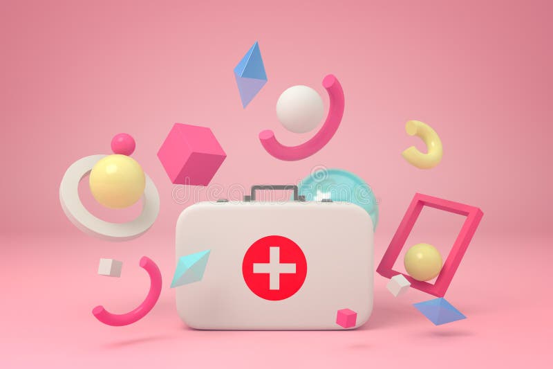 First Aid Kit Surrounded by Floating Shapes Stock Photo - Image of ...