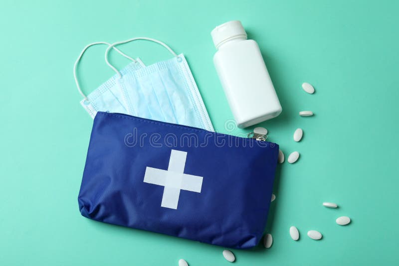 First Aid Medical Kit on Mint Background Stock Image - Image of drug ...