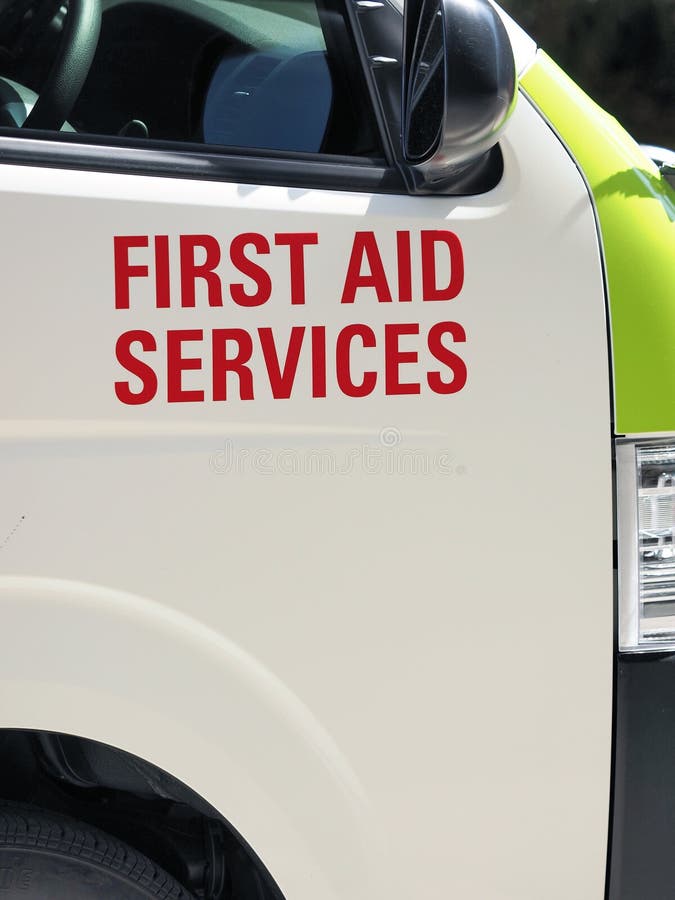 First Aid Services Printing on a Transport Van Body Stock Photo - Image ...
