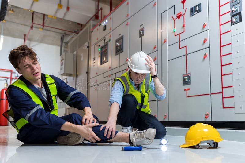 First Aid Support Accident at Work of Worker at Factory. Male Worker ...