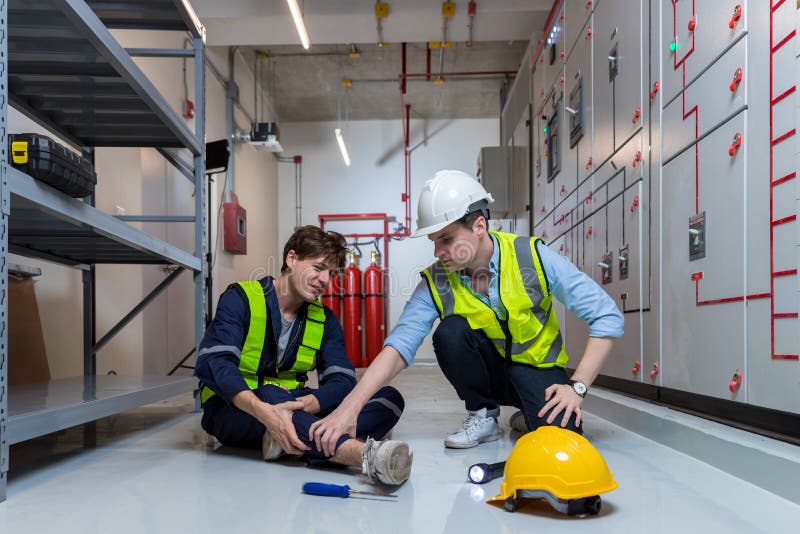 First Aid Support Accident at Work of Worker at Factory. Male Worker ...