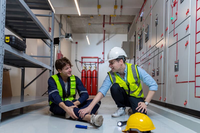 First Aid Support Accident at Work of Worker at Factory. Male Worker ...