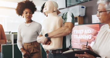 First Aid, Training and People with Choking Dummy for CPR, Abdominal ...