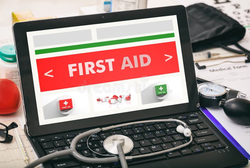 First Aid Written on a Doctor`s Computer Screen Stock Photo - Image of ...